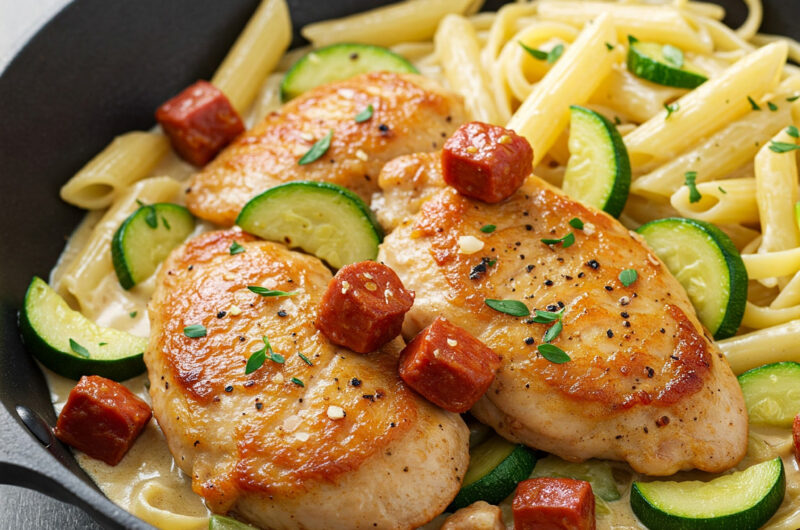 Cremiges Hähnchen-Chorizo-Pfännchen mit Zucchini und Pasta - Edeka Nüsken