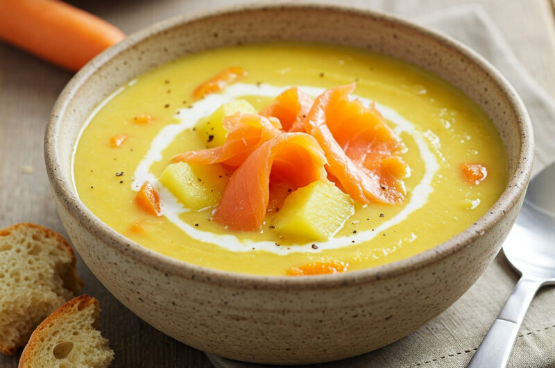 Cremige Kartoffel-Karotten-Suppe mit Lachs-Einlage - Edeka Nüsken